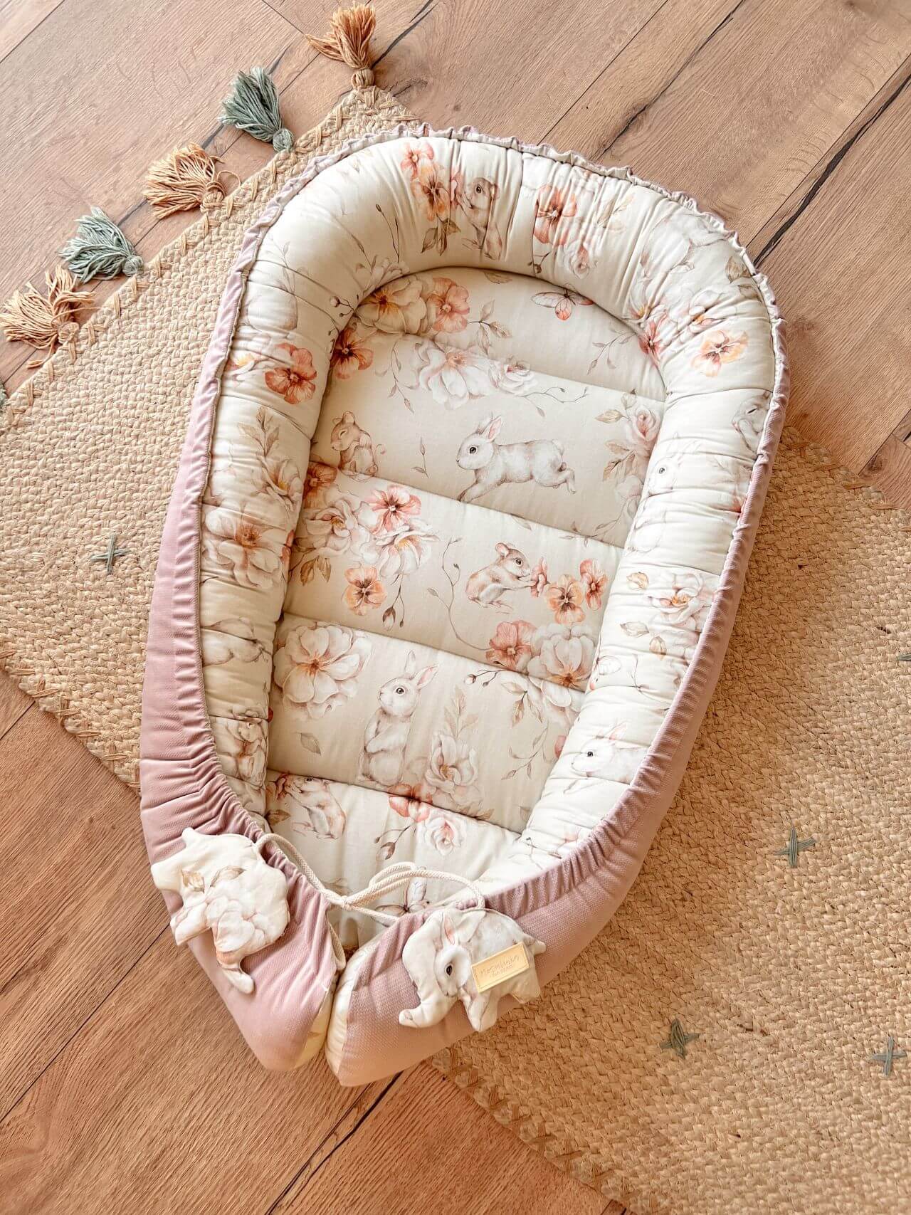 Baby Nest - Pastel Meadow with Powder Pink Velvet | The Baby Den